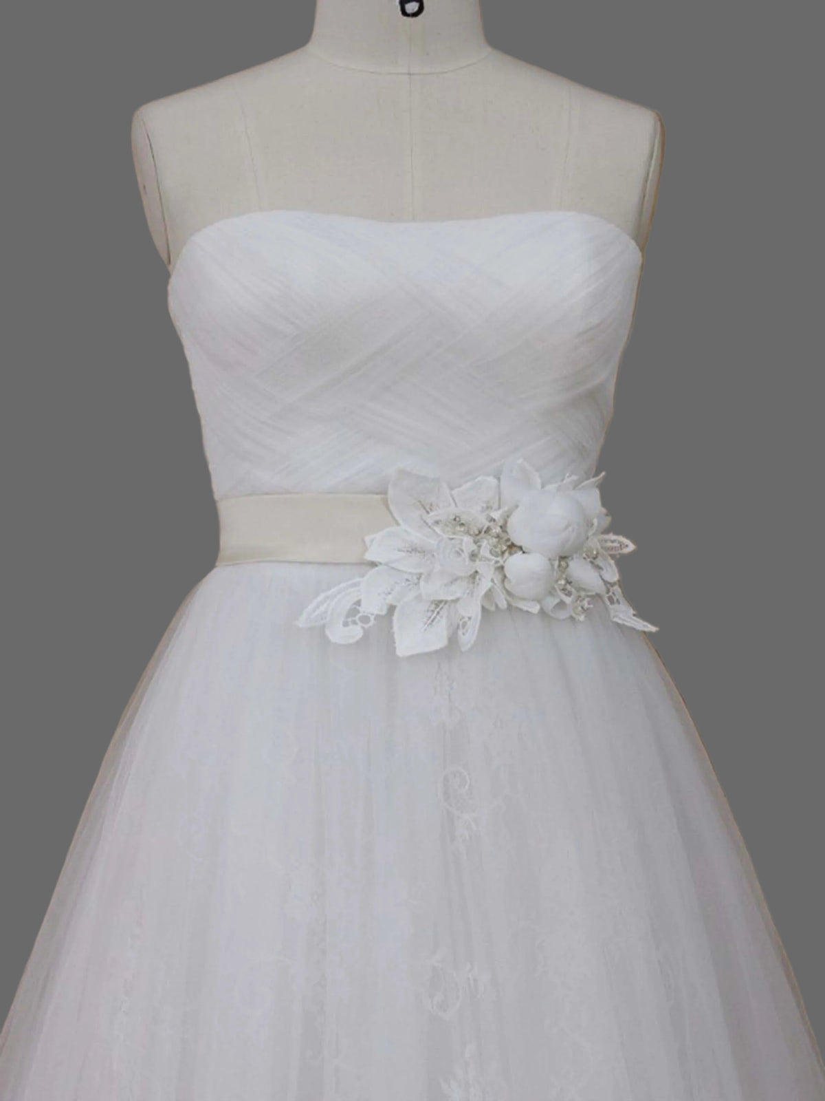 Strapless A-Line Wedding Dress with 3D Floral Sash & Tulle Skirt - Sim ...